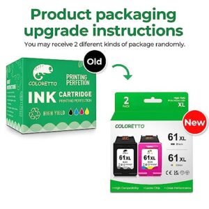 COLORETTO Remanufactured Printer Ink Cartridge Replacement for HP 61XL to use with Envy 4500 5530 5535 Deskjet 1510 1512 3050 3050A Officejet 2620 4630 (1 Black+1 Color) Combo Pack