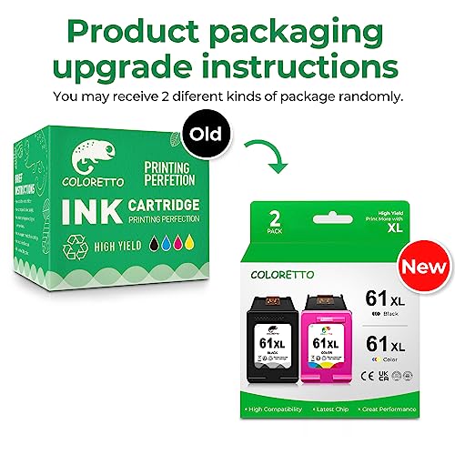 COLORETTO Remanufactured Printer Ink Cartridge Replacement for HP 61XL to use with Envy 4500 5530 5535 Deskjet 1510 1512 3050 3050A Officejet 2620 4630 (1 Black+1 Color) Combo Pack