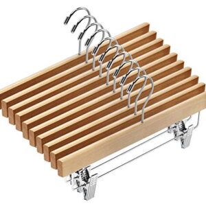 AMKUFO 20pcs Wooden Pants Hangers Solid Pants Hangers with Adjustable Clips 14 Inch Natural Wood Skirt Hangers Trousers Bottom Hangers with Non-Slip Clips and 360° Swivel Hook