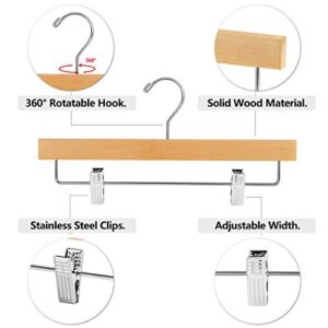 AMKUFO 20pcs Wooden Pants Hangers Solid Pants Hangers with Adjustable Clips 14 Inch Natural Wood Skirt Hangers Trousers Bottom Hangers with Non-Slip Clips and 360° Swivel Hook