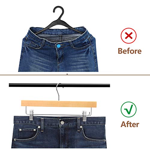 AMKUFO 20pcs Wooden Pants Hangers Solid Pants Hangers with Adjustable Clips 14 Inch Natural Wood Skirt Hangers Trousers Bottom Hangers with Non-Slip Clips and 360° Swivel Hook