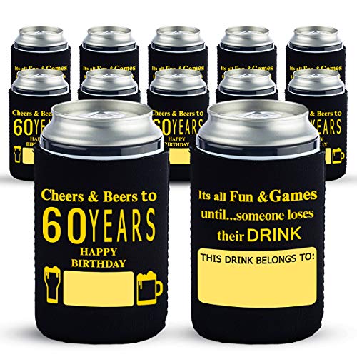 Yangmics Direct 60th Birthday Can Cooler Sleeves Pack of 12- Dirty 60 Birthday Party Supplies - Black and Gold Sixtieth Birthday Cup Coolers