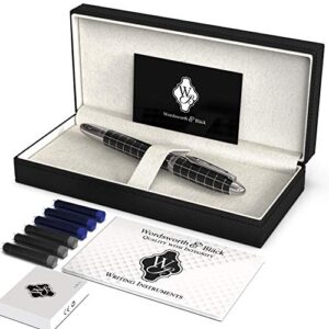 Wordsworth & Black Majesti Fountain Pen - (Checked), Luxury Case, Chrome Finish, Iridium Medium Nib - 24 Ink Cartridges, Refillable Ink Converter-Calligraphy Pen-Best Business Gift Set for Men & Women