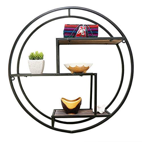 Admired By Nature Mounted Iron Hanging Storage 3 tier Floating Shelves Wall Shelf, Round Black Large