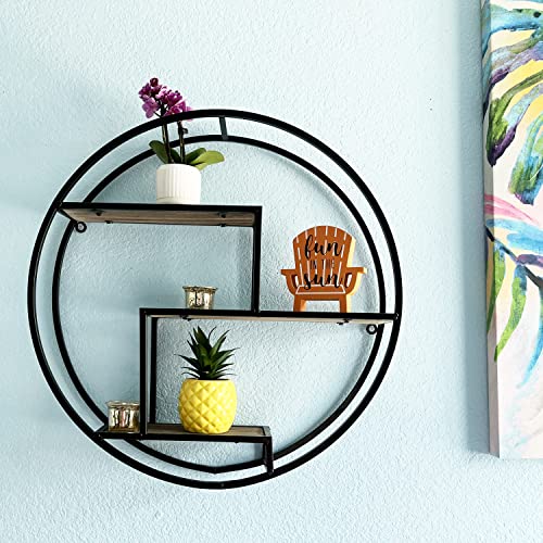 Admired By Nature Mounted Iron Hanging Storage 3 tier Floating Shelves Wall Shelf, Round Black Large