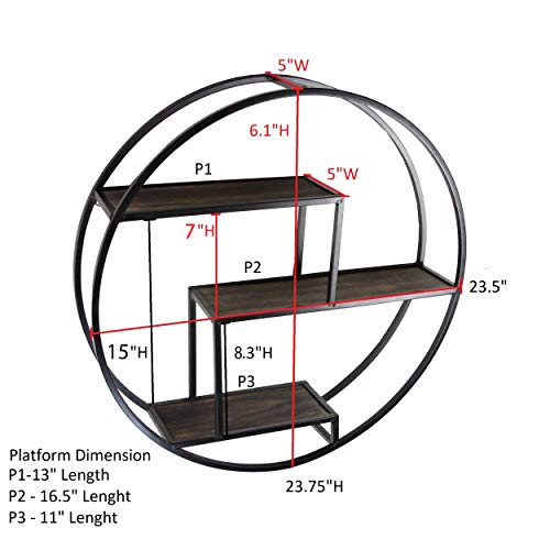 Admired By Nature Mounted Iron Hanging Storage 3 tier Floating Shelves Wall Shelf, Round Black Large