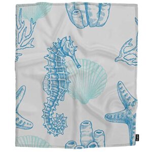 Mugod Sea Life Throw Blanket Seahorse Starfish Coral Sprigs and Seashell Marine Seamless Pattern Decorative Soft Warm Cozy Flannel Plush Throws Blankets for Baby Toddler Dog Cat 30 X 40 Inch