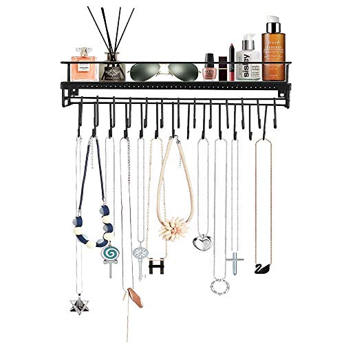 Urban Deco Wall Mounted Jewelry Organizer - Rectangular Hanging Jewelry Holder Stand with Shelf Wall Necklace Holder Organizer - Black Jewelry Rack