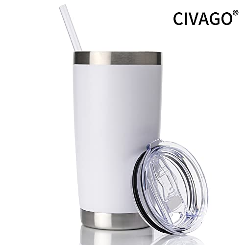 CIVAGO 20oz Tumbler with Lid and Straw, Stainless Steel Vacuum Insulated Water Coffee Tumbler Cup, Double Wall Powder Coated Spill-Proof Travel Mug Thermal Cup for Hot and Cold Drinks(White, 1 Pack)