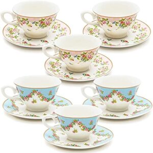 set of 6 vintage floral tea cups and saucers for tea party supplies (blue, pink, 8oz)