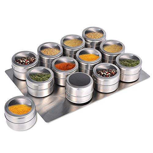 Beeyoka Upgrade Magnetic Spice Jars 12pcs with Wall Mounted,Stainless Steel Spice Tins with Lid and Small Holes for Sprinkle Rust Free Easy to Clean Includes 94 Labeling Stickers