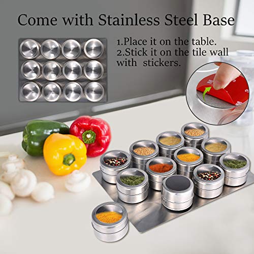 Beeyoka Upgrade Magnetic Spice Jars 12pcs with Wall Mounted,Stainless Steel Spice Tins with Lid and Small Holes for Sprinkle Rust Free Easy to Clean Includes 94 Labeling Stickers