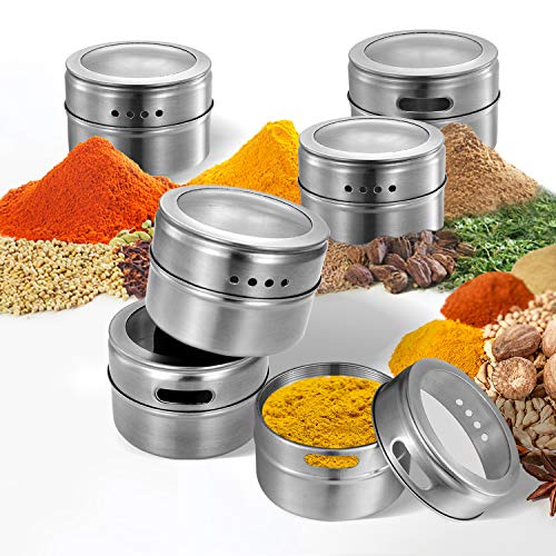 Beeyoka Upgrade Magnetic Spice Jars 12pcs with Wall Mounted,Stainless Steel Spice Tins with Lid and Small Holes for Sprinkle Rust Free Easy to Clean Includes 94 Labeling Stickers