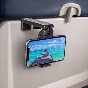 universal in flight airplane phone holder mount. handsfree phone holder for desk tray with multi-directional dual 360 degree rotation. pocket size must have travel essential accessory for flying