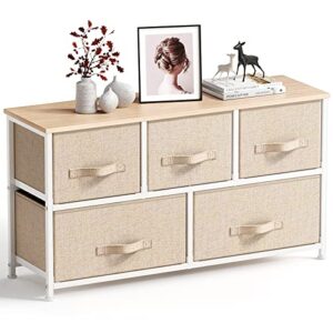 pipishell fabric dresser, dresser for bedroom with 5 drawers, wide dresser storage tower organizer unit with wood top and easy pull handle for closets, living room, nursery room, hallway