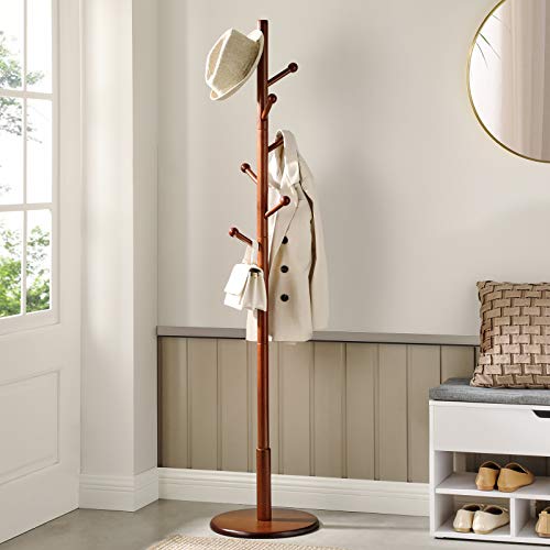 VASAGLE Coat Rack Free Standing with 7 Rounded Hooks, Wood Hall Tree, Entryway Coat Stand for Clothes, Hats, Purses, in The Entryway, Living Room, Dark Walnut URCR07WN