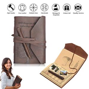 handmade leather journal retro vintage leather travel journal notebook with pen craft papers for men women gift, perfect for writing in travel working or office (brown) (leather journal+pen)