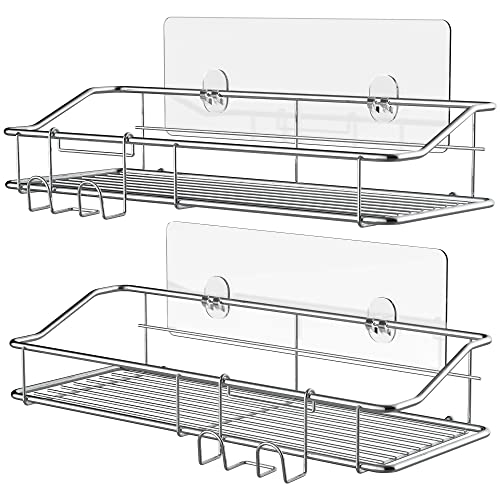 Nieifi Shower Caddy Shelf Storage Rack Adhesive Without Drilling Stainless Steel with Hooks for Washroom, Lavatory, Restroom, Toilet, Bathroom, Kitchen - 2 Pack