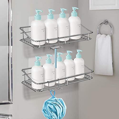 Nieifi Shower Caddy Shelf Storage Rack Adhesive Without Drilling Stainless Steel with Hooks for Washroom, Lavatory, Restroom, Toilet, Bathroom, Kitchen - 2 Pack