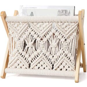 mkono macrame magazine rack boho magazine holder storage standing basket for books, newspapers, swaddle blanket, living room, bathroom, office, nursery, home decor, small size, 11.22’’l x 7.5’’w