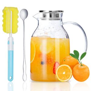 vekonn glass pitcher with lid, glass water pitcher with lid and spout, 68 ounces heat resistant borosilicate glass carafe with brush and mixing spoon, temperature safe