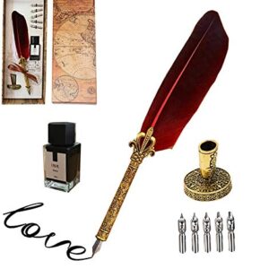 Quill Pen Vintage Feather Pen Calligrapher Pen Set Handmade Quill Feather Dip Pen and Ink Set Feather Calligraphy Writing Quill Pen for Beginners