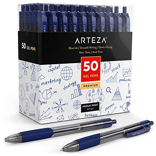 ARTEZA Gel Pens, Pack of 50 Blue Roller Ball Pens, Quick-Drying Ink, 0.7mm Medium Point, Office Supplies for Writing, Taking Notes, and Sketching