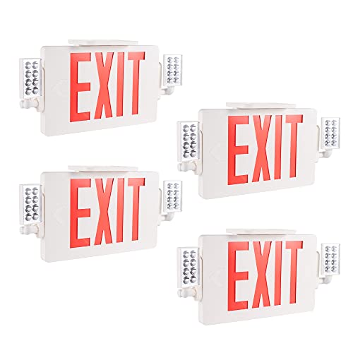 Gruenlich LED Combo Emergency EXIT Sign with 2 Adjustable Head Lights and Double Face, Back Up Batteries- US Standard Red Letter Emergency Exit Lighting, UL 924 Qualified, 120-277 Voltage, 4-Pack