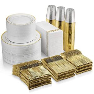 700 piece gold dinnerware set - 200 gold rim plastic plates - 300 gold plastic silverware - 100 gold plastic cups - 100 linen like gold paper napkins, 100 guest disposable gold dinnerware set