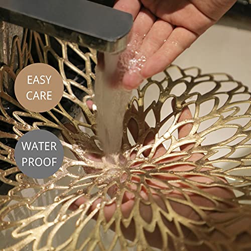 Set of 6, Gold Metallic Vinyl Round Placemats Laminated Plastic Morden Dining Table Decoration, Leaf by Snowkingdom