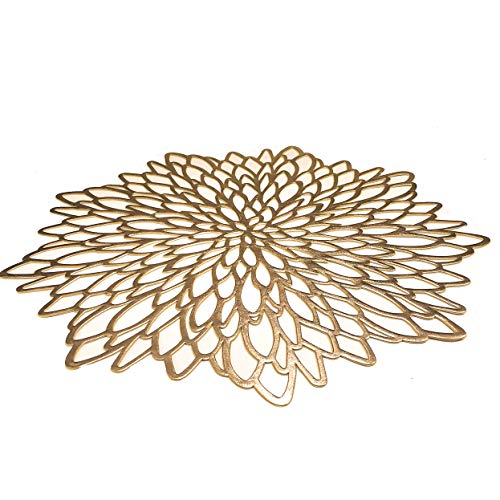 Set of 6, Gold Metallic Vinyl Round Placemats Laminated Plastic Morden Dining Table Decoration, Leaf by Snowkingdom