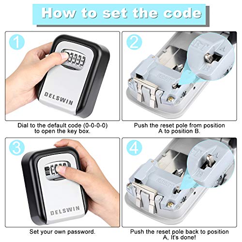 DELSWIN Wall Mounted Key Lock Box - Weatherproof Combo LockBox with 4-Digit Combination Key Storage Box for Home,Airbnb,Hotel,School,Office,Special Car Key