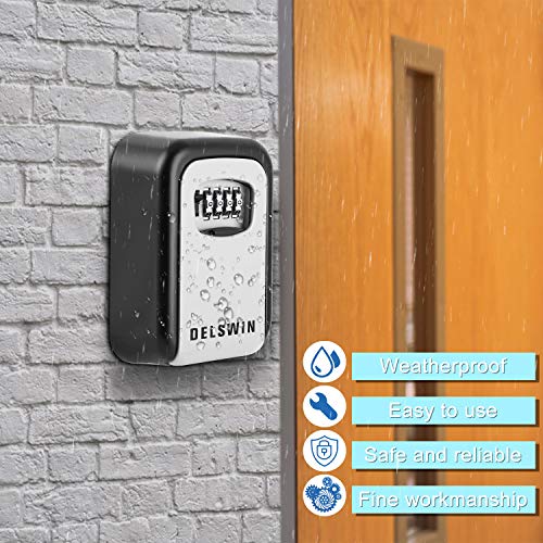 DELSWIN Wall Mounted Key Lock Box - Weatherproof Combo LockBox with 4-Digit Combination Key Storage Box for Home,Airbnb,Hotel,School,Office,Special Car Key