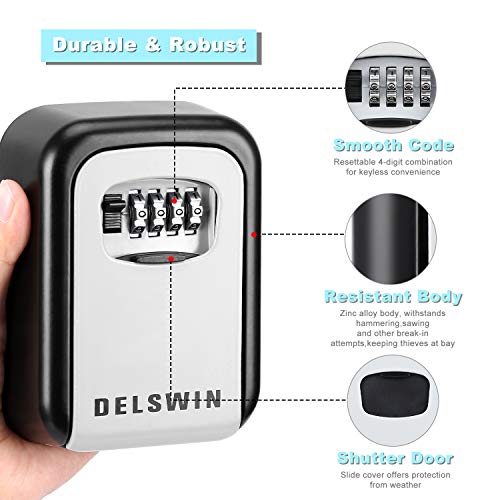 DELSWIN Wall Mounted Key Lock Box - Weatherproof Combo LockBox with 4-Digit Combination Key Storage Box for Home,Airbnb,Hotel,School,Office,Special Car Key