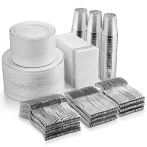 700 piece silver dinnerware set - 200 silver rim plastic plates - 300 silver plastic silverware - 100 silver plastic cups - 100 linen like silver napkins, 100 guest disposable silver dinnerware set