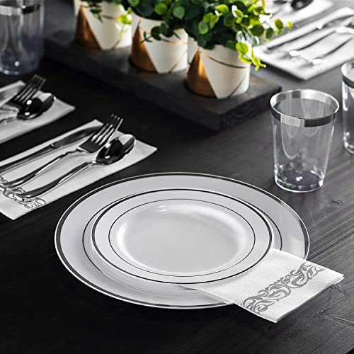 700 Piece Silver Dinnerware Set - 200 Silver Rim Plastic Plates - 300 Silver Plastic Silverware - 100 Silver Plastic Cups - 100 Linen Like Silver Napkins, 100 Guest Disposable Silver Dinnerware Set