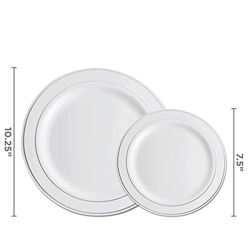 700 Piece Silver Dinnerware Set - 200 Silver Rim Plastic Plates - 300 Silver Plastic Silverware - 100 Silver Plastic Cups - 100 Linen Like Silver Napkins, 100 Guest Disposable Silver Dinnerware Set