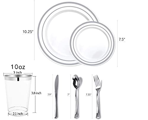 700 Piece Silver Dinnerware Set - 200 Silver Rim Plastic Plates - 300 Silver Plastic Silverware - 100 Silver Plastic Cups - 100 Linen Like Silver Napkins, 100 Guest Disposable Silver Dinnerware Set