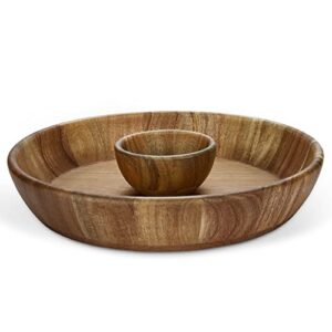 miusco 12 inch chip and dip serving set, premium acacia wood plate with sauce bowl, appetizer & snack serving platter, great for buffalo wings & cocktail shrimp, upgraded (was 10 inch)