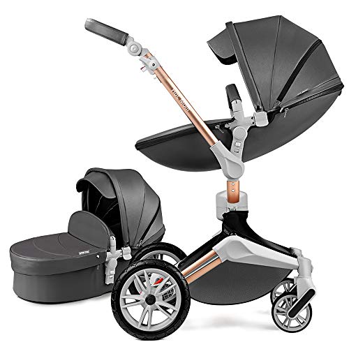 Baby Stroller 360 Rotation Function,Hot Mom Baby Carriage Pu Leather Pushchair Pram,Dark Grey