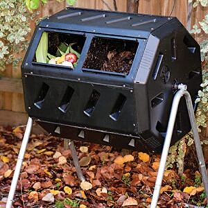 FCMP Outdoor IM4000-WK 37 Gallon Plastic Dual Chamber Tumbling Composter Outdoor Elevated Rotating Garden Compost Bin, Black/Black