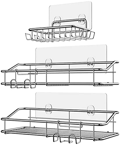 Nieifi Shower Caddy Basket with Hooks Soap Dish Holder Shelf for Shampoo Conditioner Bathroom Kitchen Storage Organizer SUS304 Stainless Steel Adhesive No Drilling - 3 Pack