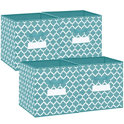 homyfort Cube Storage Organizer Bins 13x13 - Fabric Storage Cubes Bin Foldable Baskets Square Box with Labels and Dual Handles for Shelf, Nursery, Cabinet, Clothes, Toys, Set of 4 (Teal Blue)