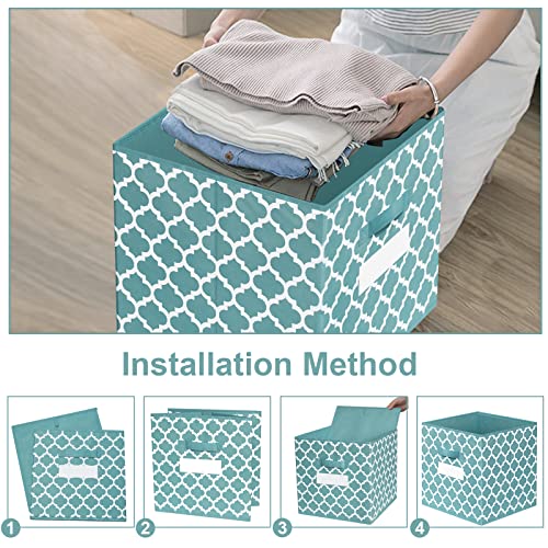 homyfort Cube Storage Organizer Bins 13x13 - Fabric Storage Cubes Bin Foldable Baskets Square Box with Labels and Dual Handles for Shelf, Nursery, Cabinet, Clothes, Toys, Set of 4 (Teal Blue)