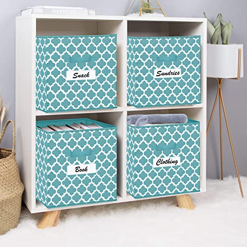 homyfort Cube Storage Organizer Bins 13x13 - Fabric Storage Cubes Bin Foldable Baskets Square Box with Labels and Dual Handles for Shelf, Nursery, Cabinet, Clothes, Toys, Set of 4 (Teal Blue)