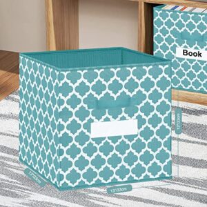 homyfort Cube Storage Organizer Bins 13x13 - Fabric Storage Cubes Bin Foldable Baskets Square Box with Labels and Dual Handles for Shelf, Nursery, Cabinet, Clothes, Toys, Set of 4 (Teal Blue)