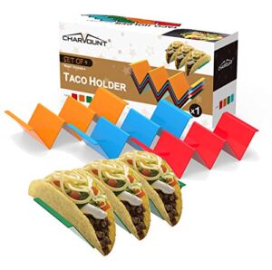 charmount taco holder stand set of 4 taco rack holders - premium taco shell holder stand on table with handle, hold 2 or 3 hard or soft shell tacos, dishwasher & microwave safe