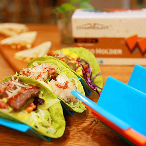 CHARMOUNT Taco Holder Stand Set of 4 Taco Rack Holders - Premium Taco Shell Holder Stand on Table with Handle, Hold 2 or 3 Hard or Soft Shell Tacos, Dishwasher & Microwave Safe