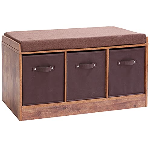 Iwell Storage Bench, Retro Toy Box Storage Chest, Entryway Bench with Storage Drawer & Removable Padded Cushion, End of Bed Storage Bench for Bedroom, Living Room, Mudroom, Rustic Brown