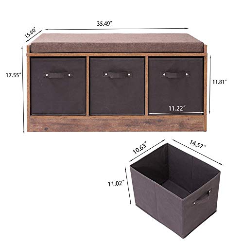 Iwell Storage Bench, Retro Toy Box Storage Chest, Entryway Bench with Storage Drawer & Removable Padded Cushion, End of Bed Storage Bench for Bedroom, Living Room, Mudroom, Rustic Brown